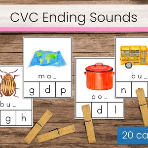 CVC Ending Sounds Clip Cards (montessori Pink Series Language Activity ...