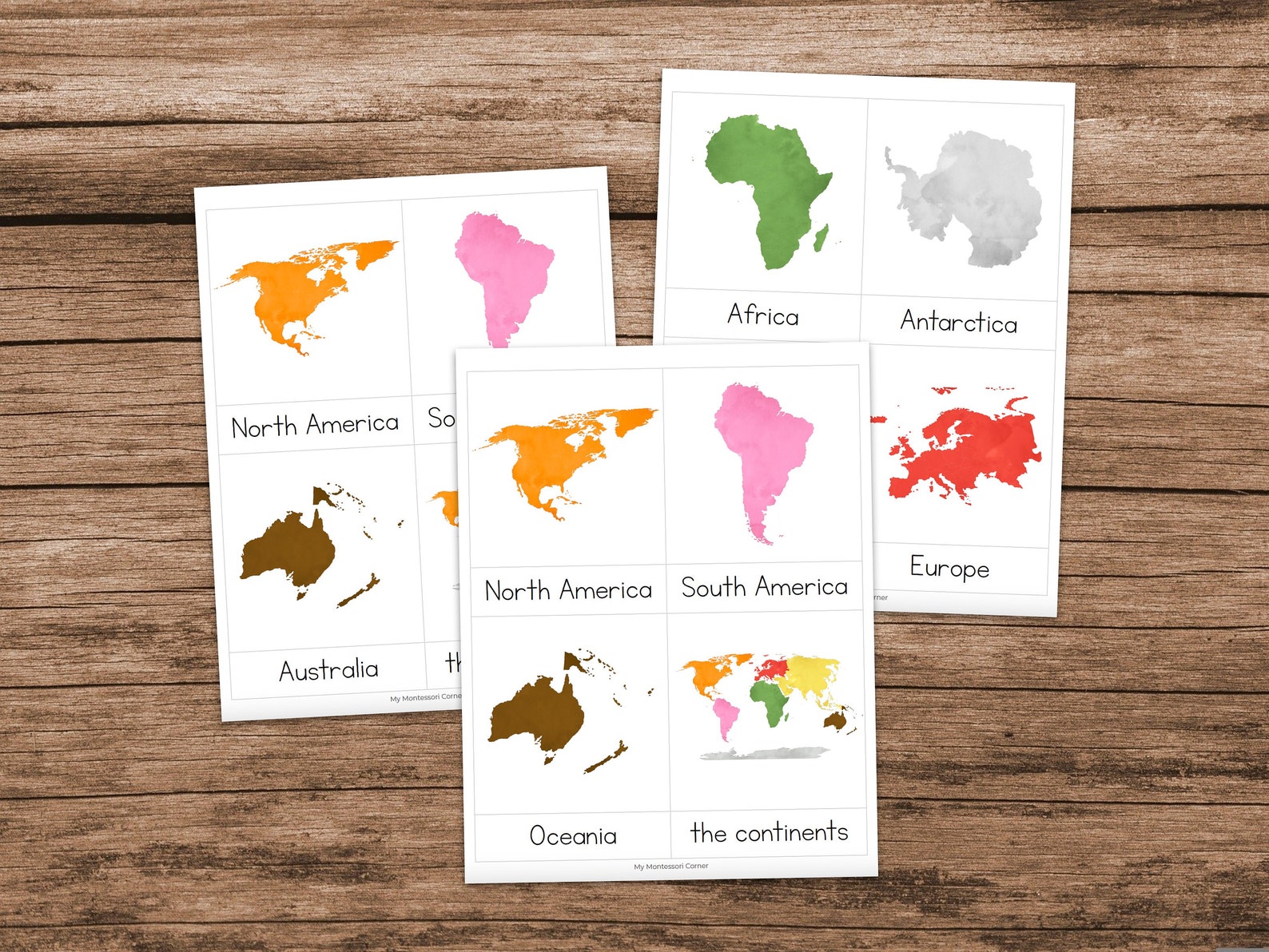 Montessori Continents 3 Part Cards, Preschool or Kindergarten Geography ...