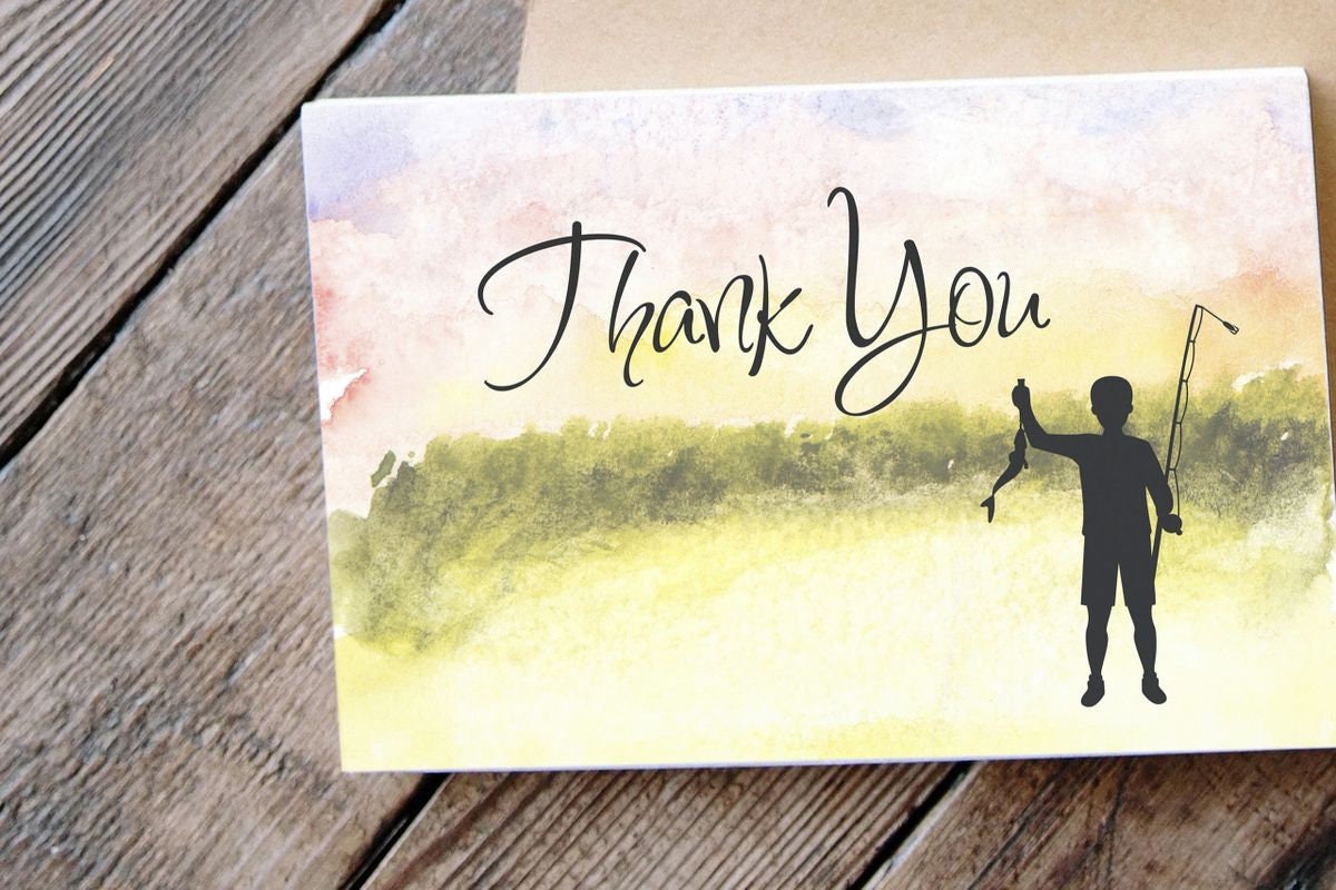 Fishing Thank You Card Kid Watercolor 4.25in X 5.5in Folded Greeting ...