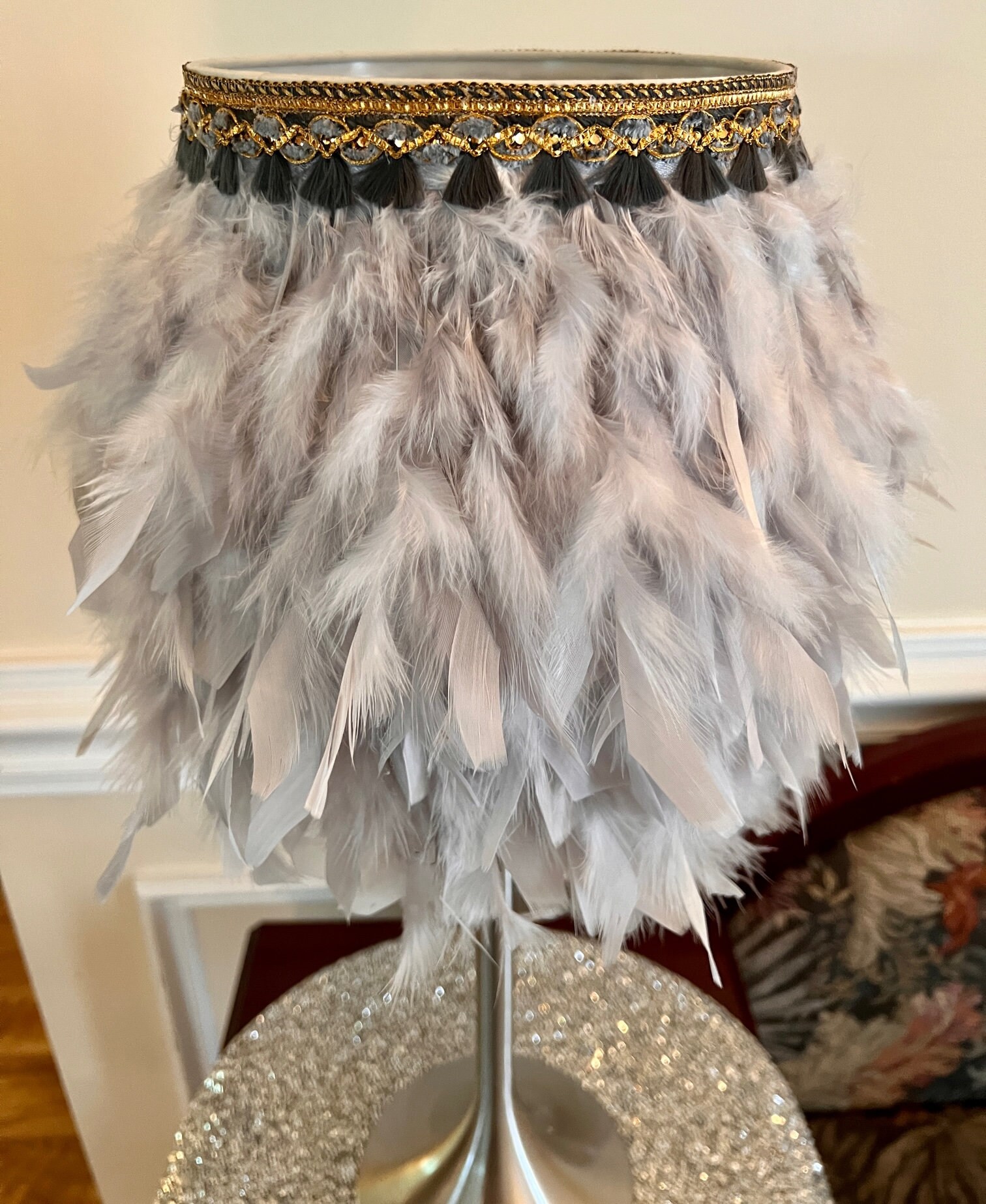 21" Brushed Nickel Feather Table Lamp With Gray Feather Lampshade - Etsy
