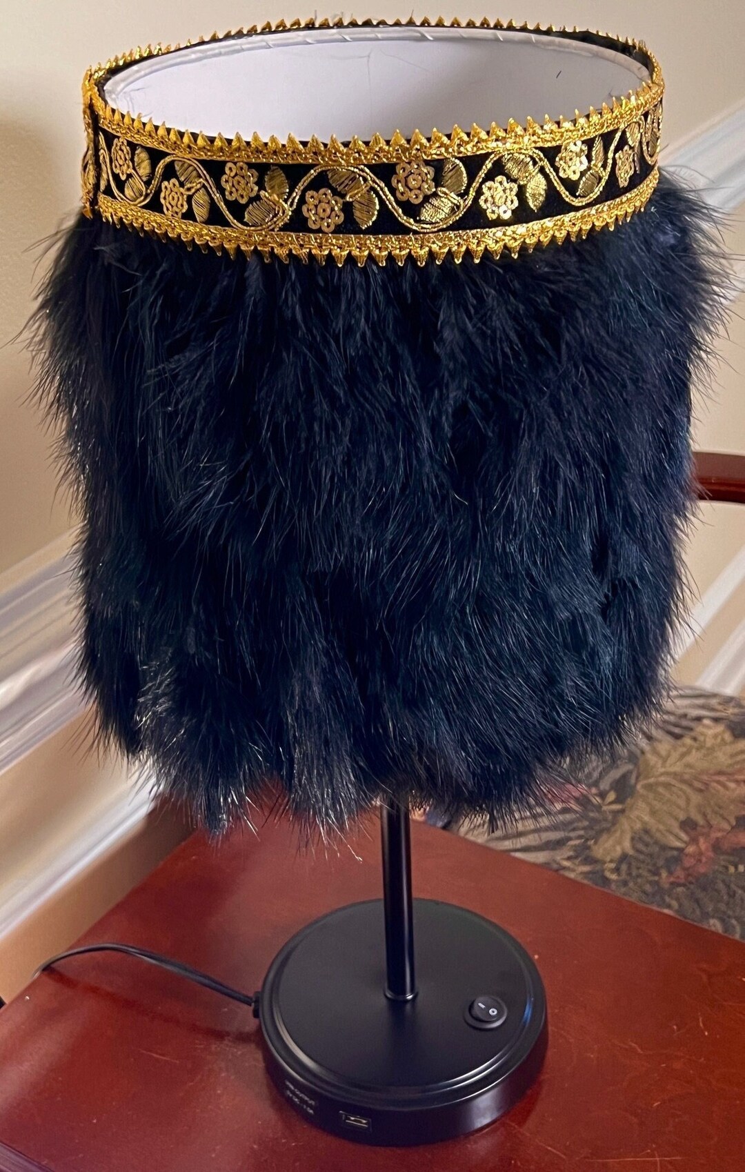 19" Small Brushed Black Metal Feather Table Lamp With Black Marabou ...