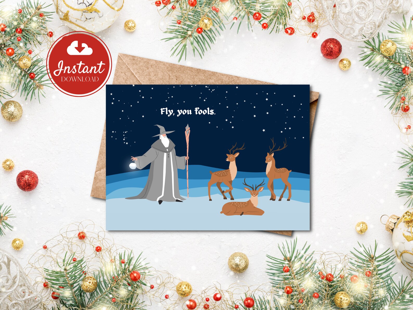 Printable Christmas Card | Tolkien Inspired Gandalf and the Reindeer ...