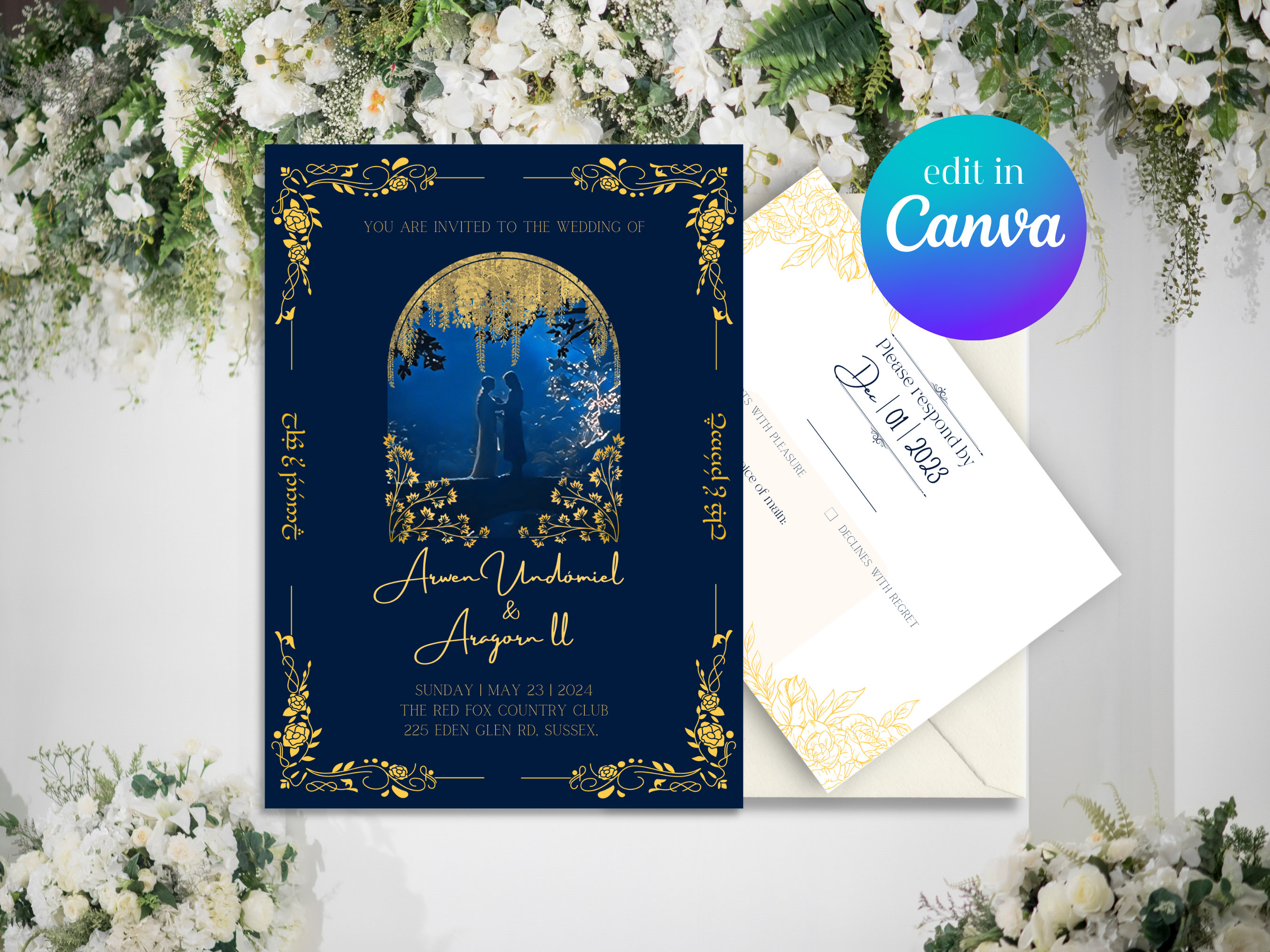 Tolkien Inspired Wedding Invitation LOTR Sapphire and Gold | Invitation ...