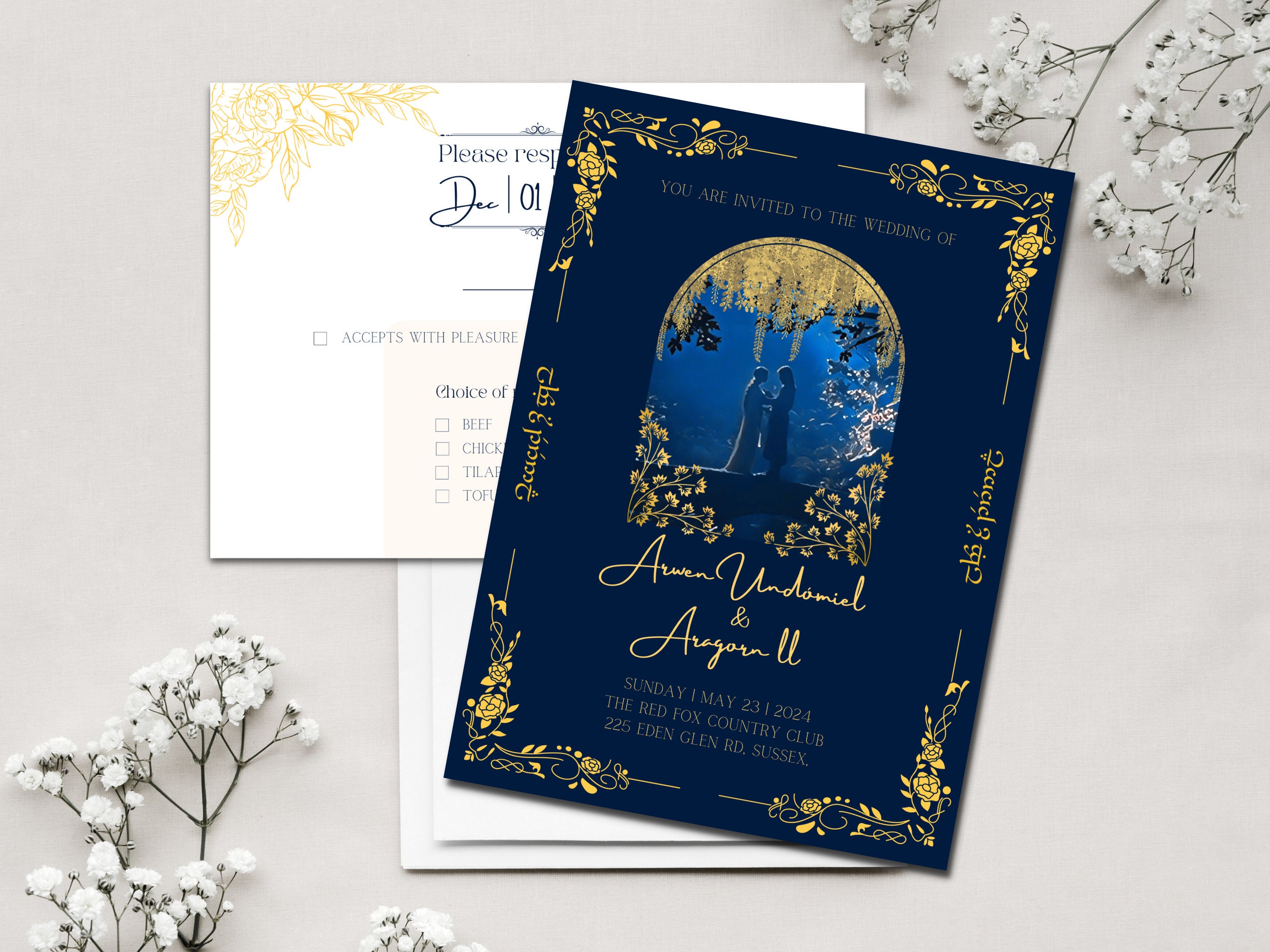 Tolkien Inspired Wedding Invitation LOTR Sapphire and Gold | Invitation ...