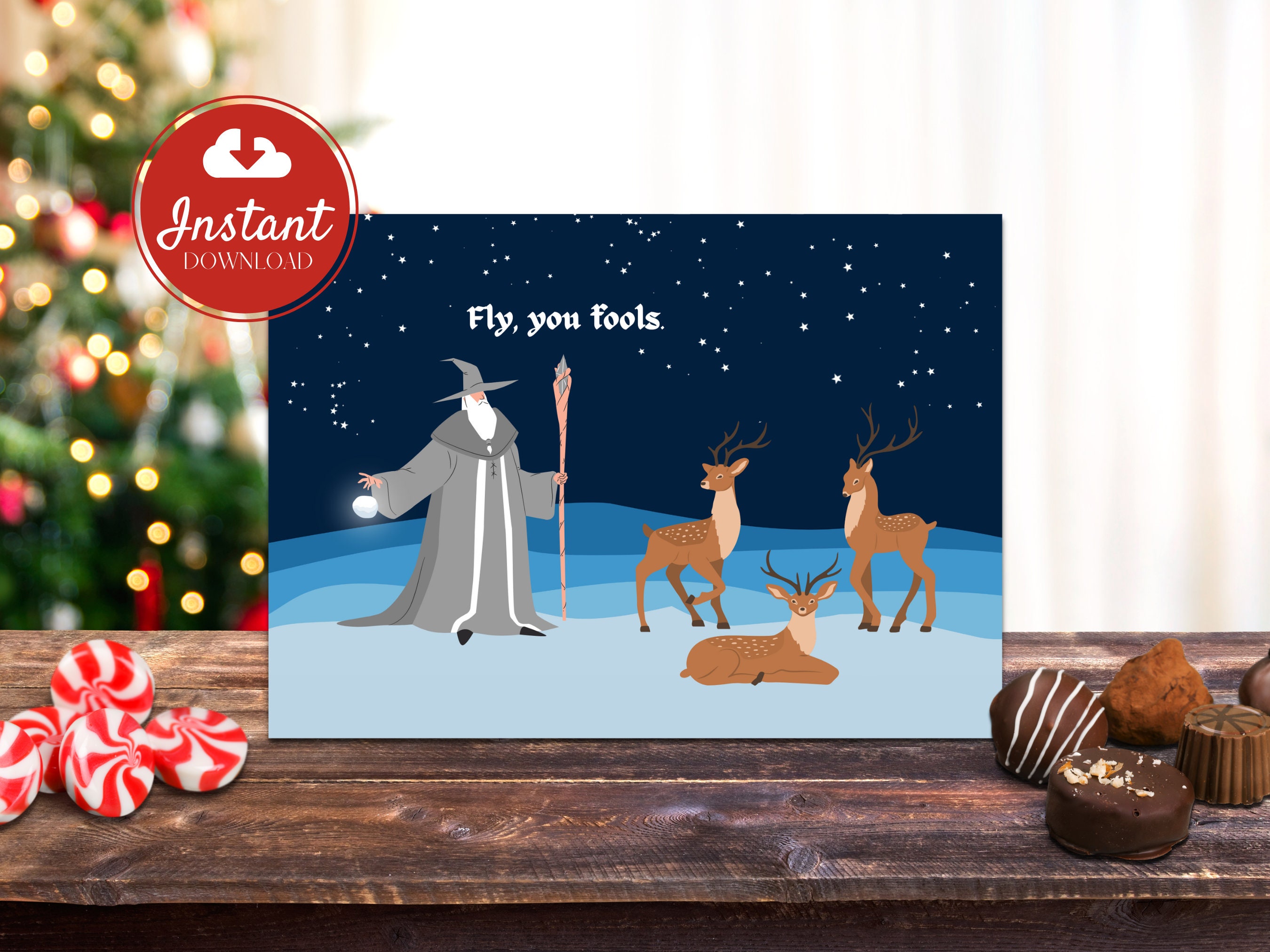 Printable Christmas Card | Tolkien Inspired Gandalf and the Reindeer ...