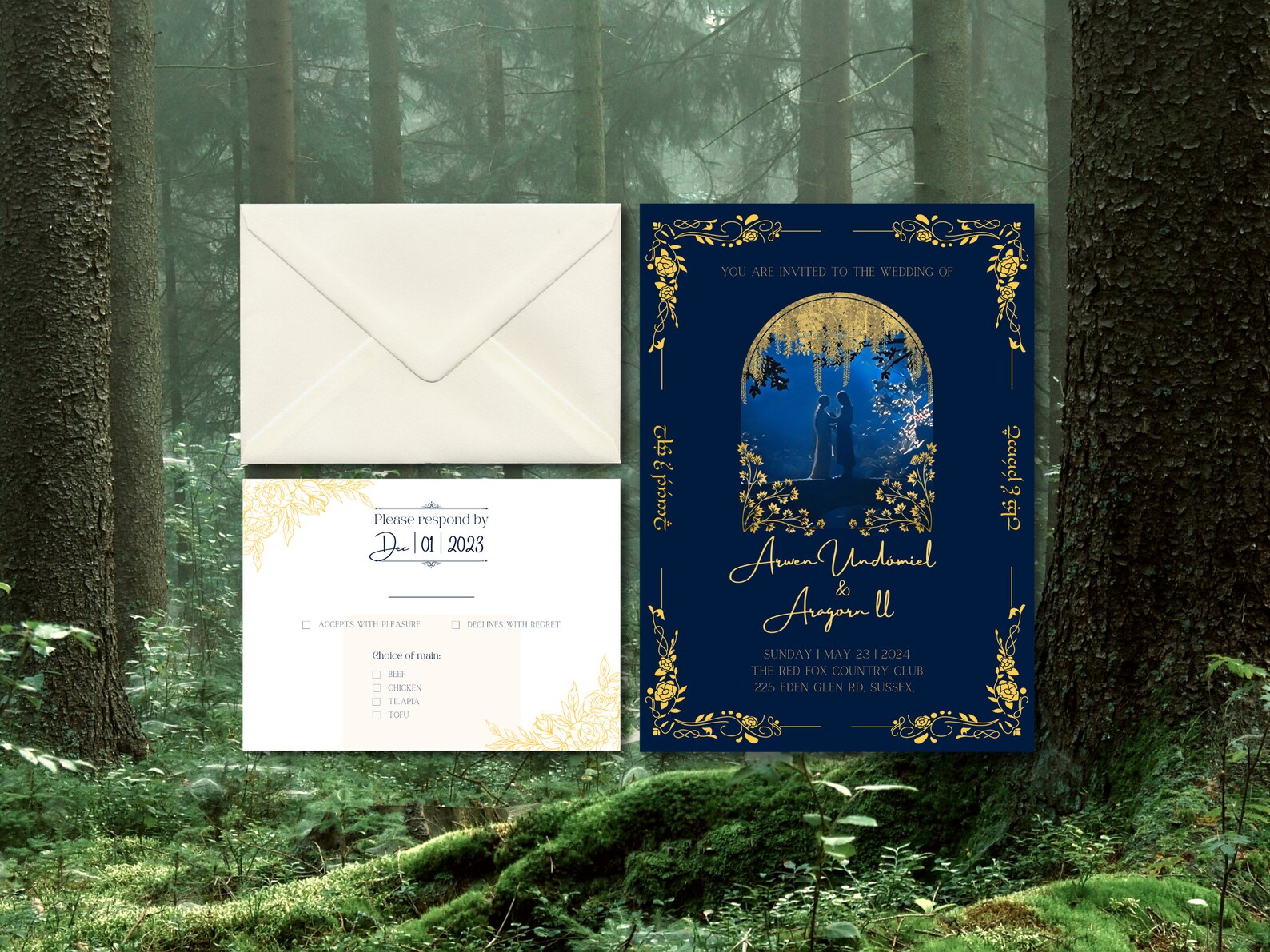 Tolkien Inspired Wedding Invitation LOTR Sapphire and Gold - Etsy