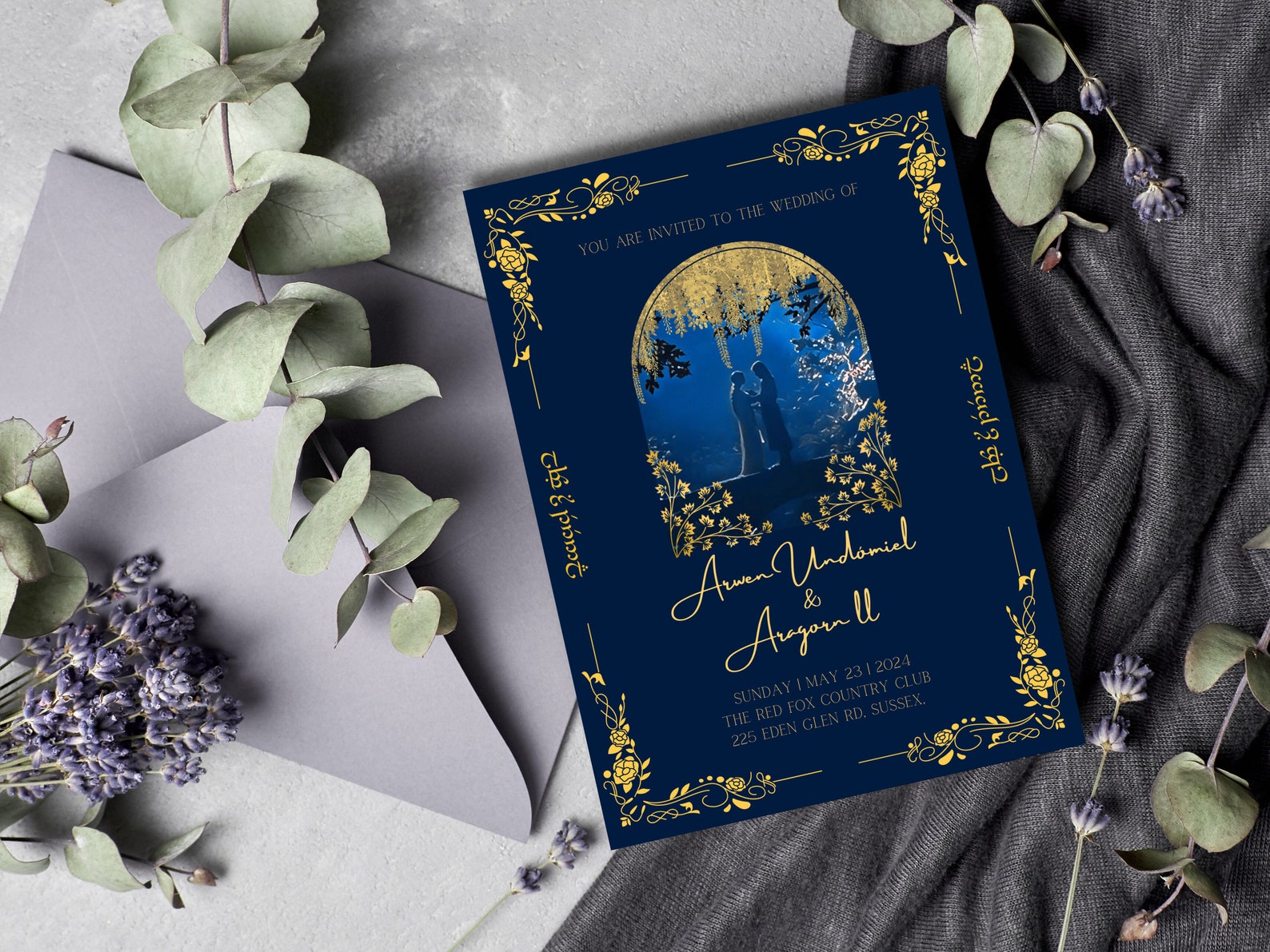 Tolkien Inspired Wedding Invitation LOTR Sapphire and Gold - Etsy