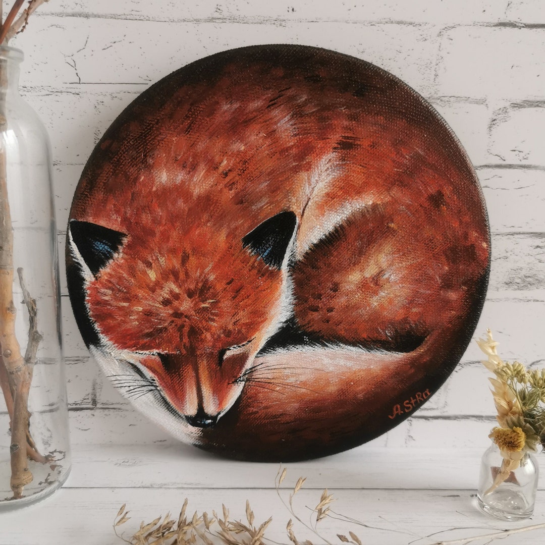 Original Canvas Painting Fox, Round Animal Painting, Fox Wall Art ...