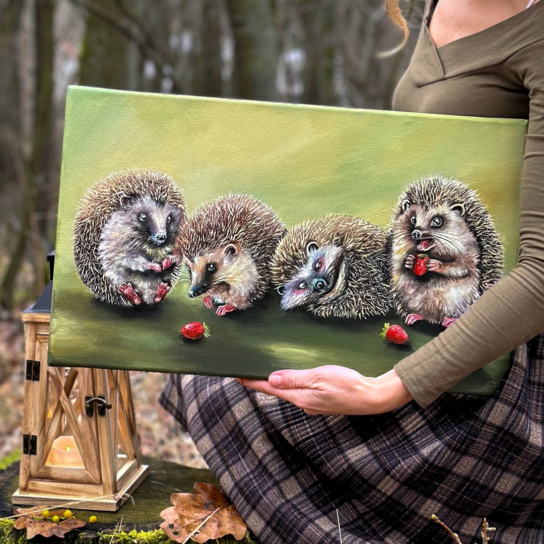 Original Canvas Painting Hedgehogs, Enchanted Forest, Cute Animals ...