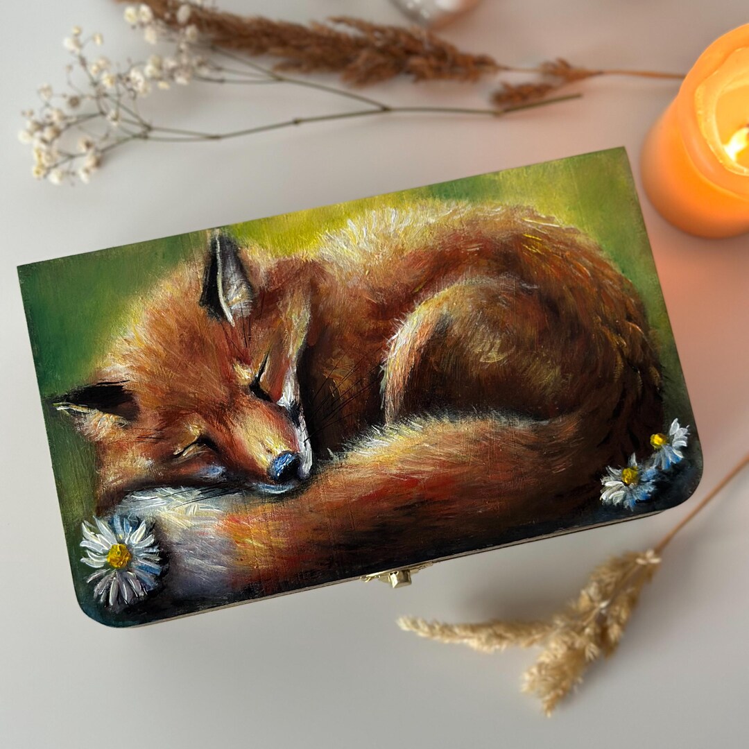 Hand-painted Wooden Box Fox, Storage Wooden Box With Lock, Sleeping Fox ...