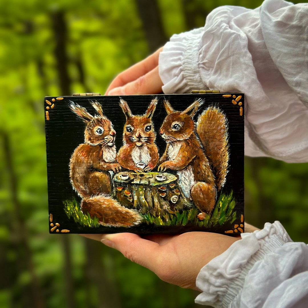 Hand-painted Wooden Box Squirrel, Storage Wooden Box With Lock, Wooden ...