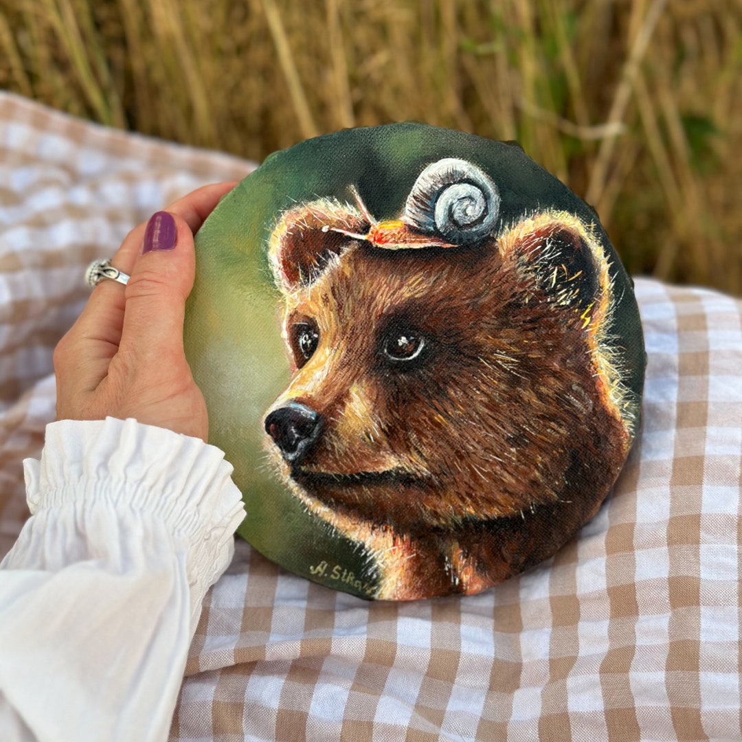 Bear and Snail Original Painting, Bear Wall Decor, Round Painting ...