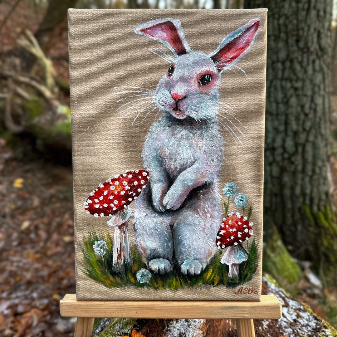 Original Canvas Painting White Rabbit, Bunny Wall Art, Whimsical Art ...