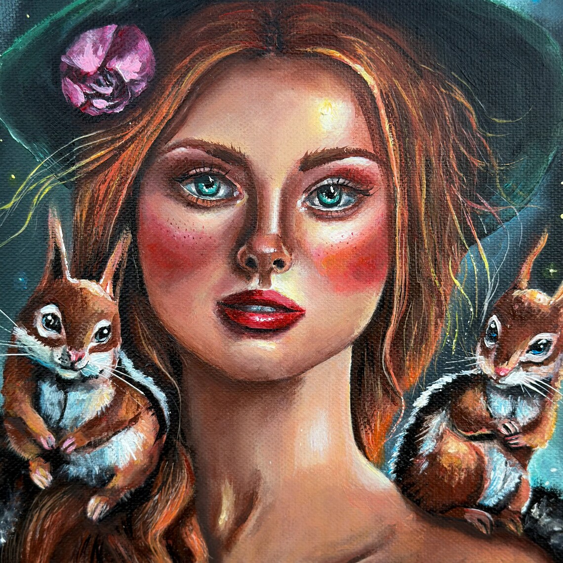 Witch Original Canvas Painting, Squirrel Painting, Whimsical Art ...