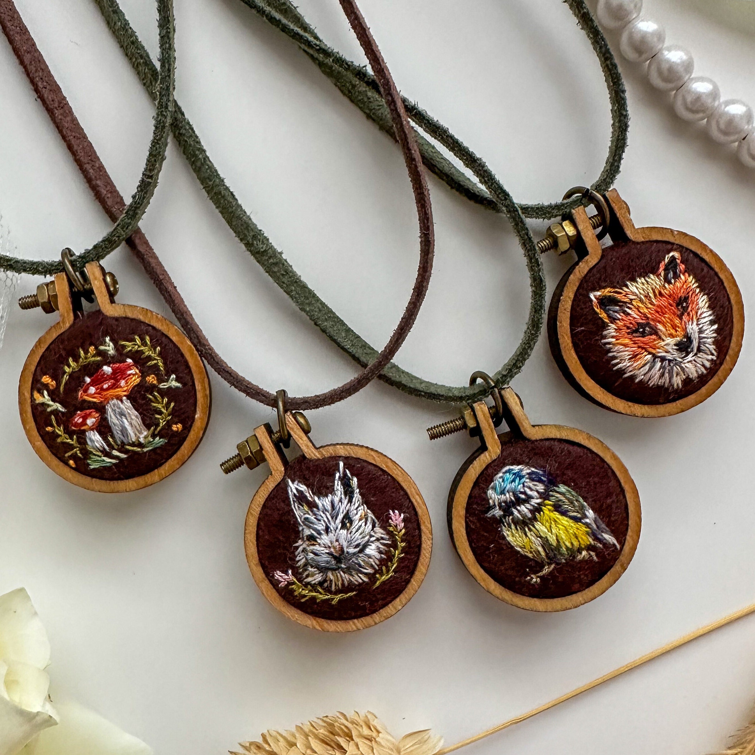 Handmade Embroidered Pendant Animals, Wooden Hoops Pendant, Tiny ...