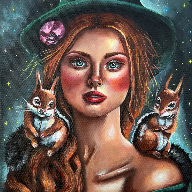 Witch Original Canvas Painting, Squirrel Painting, Whimsical Art ...