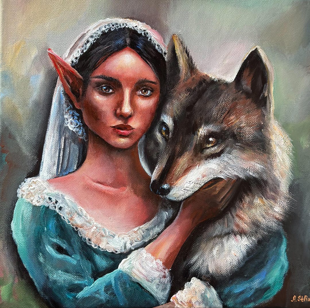 Black-haired Girl Hugging Wolf, Wolf and Elf Original Canvas Painting ...