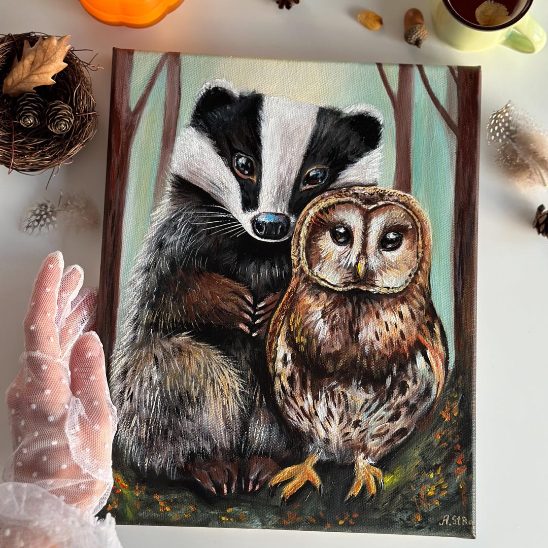 Original Canvas Painting Badger and Owl, Badger Wall Art, Owl Painting ...