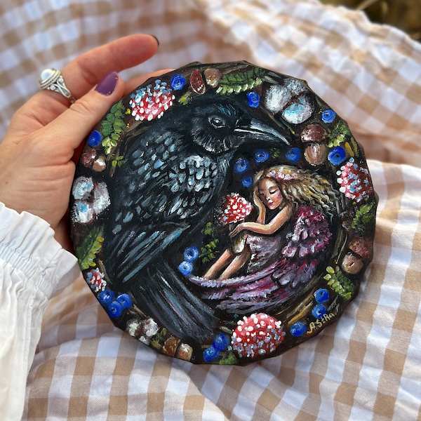 Raven and Fairy Original Canvas Painting, Round Painting, Raven Wall ...