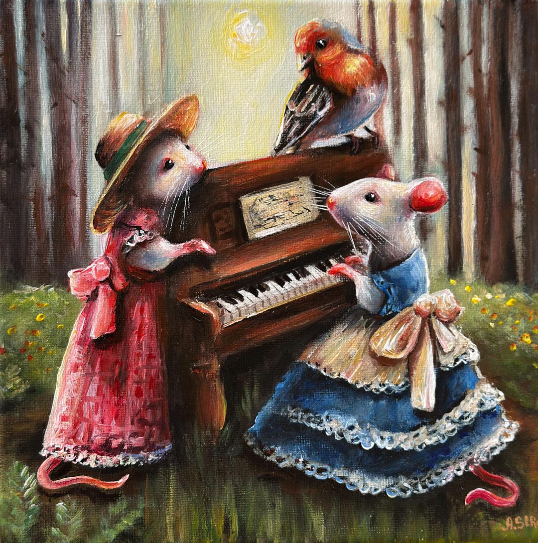 Original Canvas Painting Mice Playing Piano, Rat Painting, Mouse Wall ...