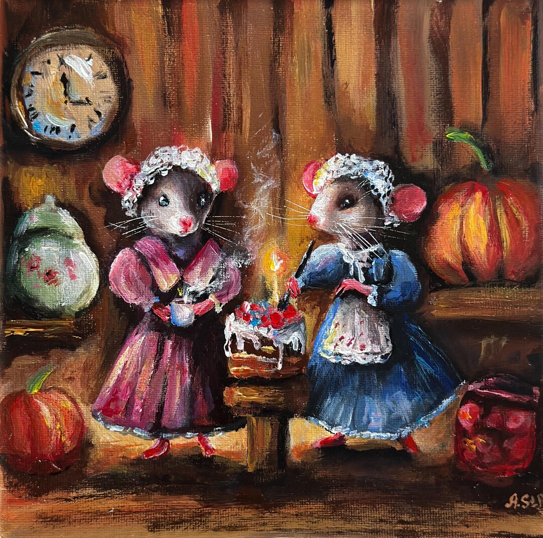 Original Canvas Painting Mice, Rat Painting, Mouse Wall Art, Whimsical ...
