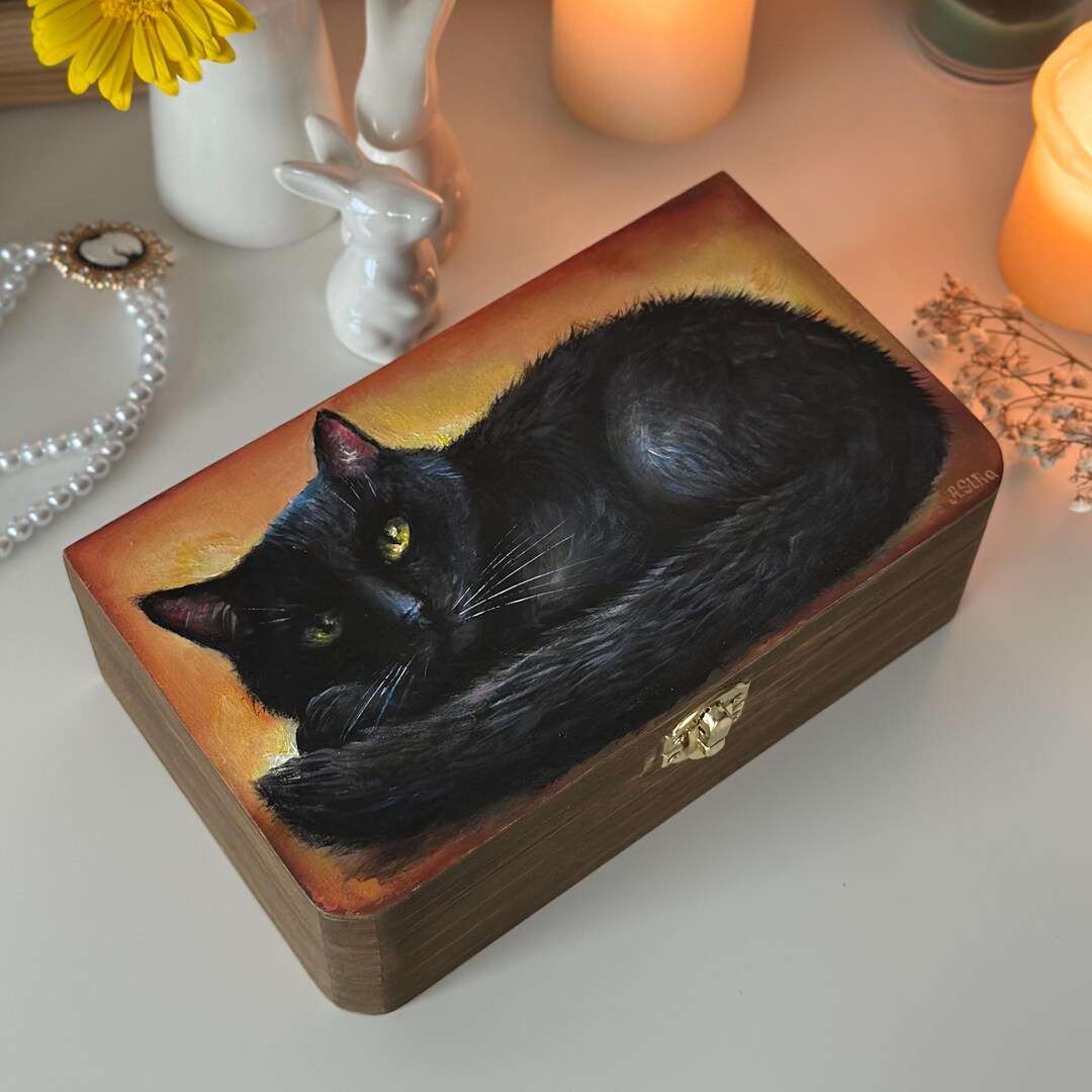 Hand-painted Wooden Box Black Cat, Big Storage Wooden Box With Lock ...