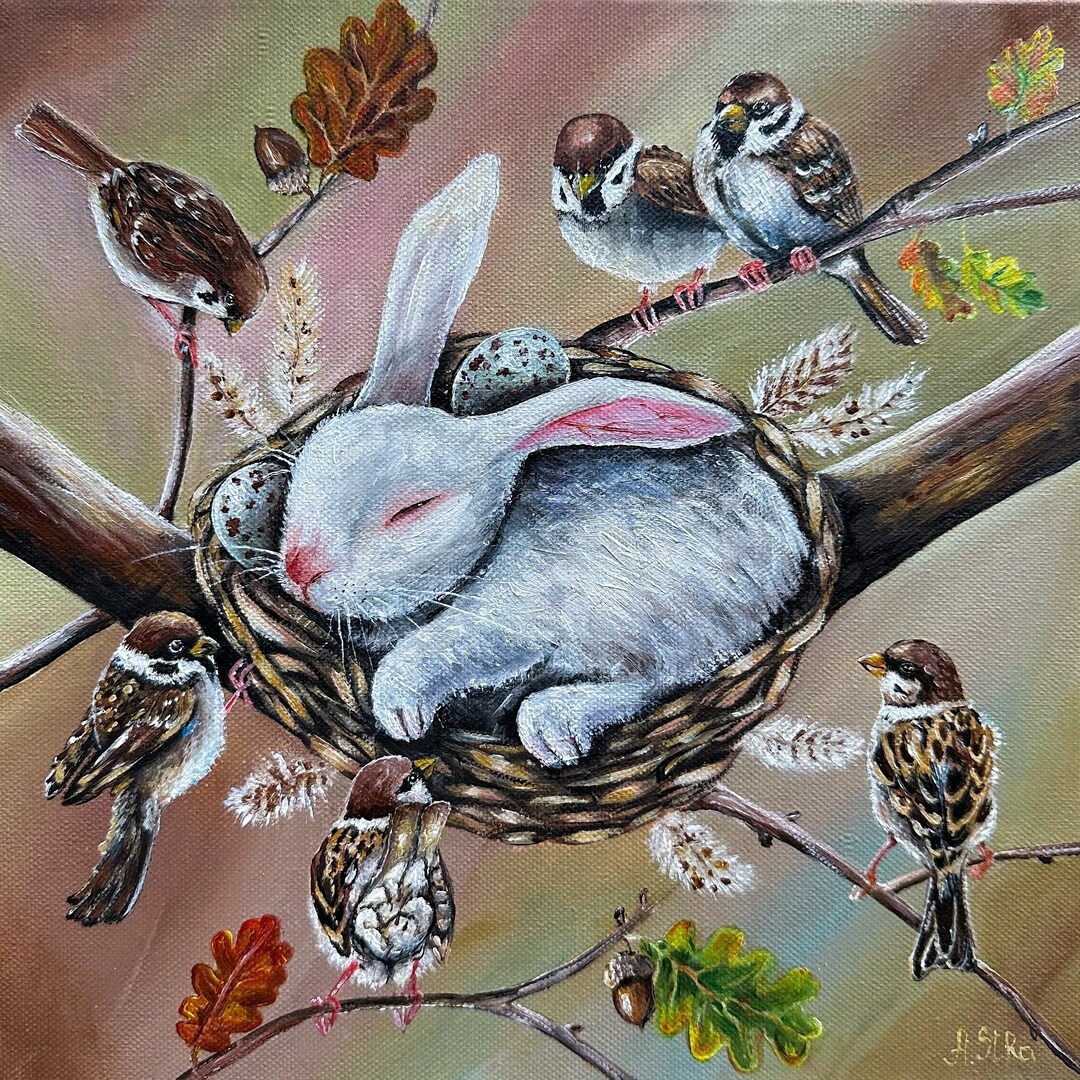 White Rabbit Original Painting on Canvas Bunny Wall Art Whimsical Art ...