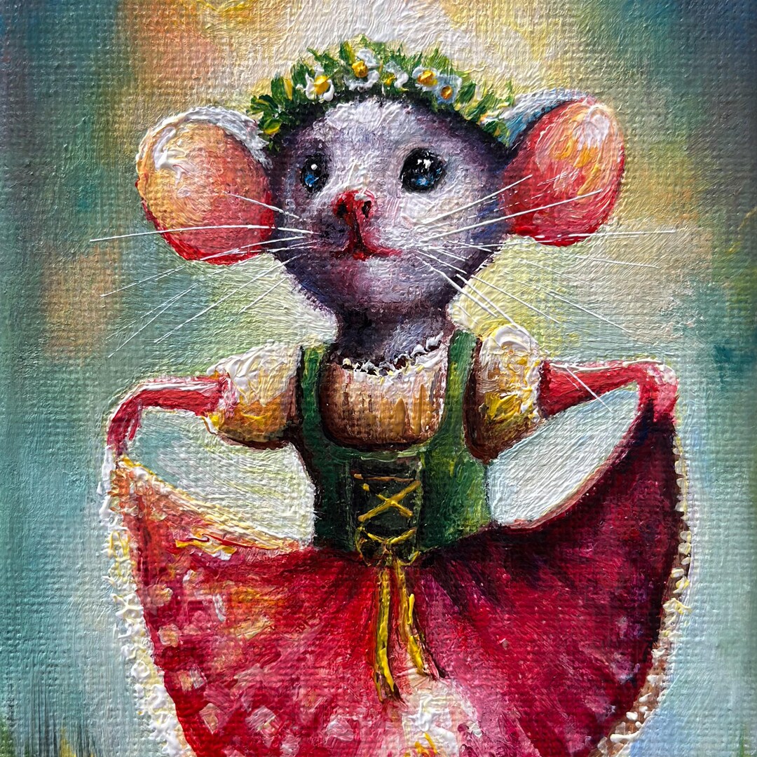 Original Canvas Painting Mouse Dancing, Rat Mini Painting, Whimsical ...