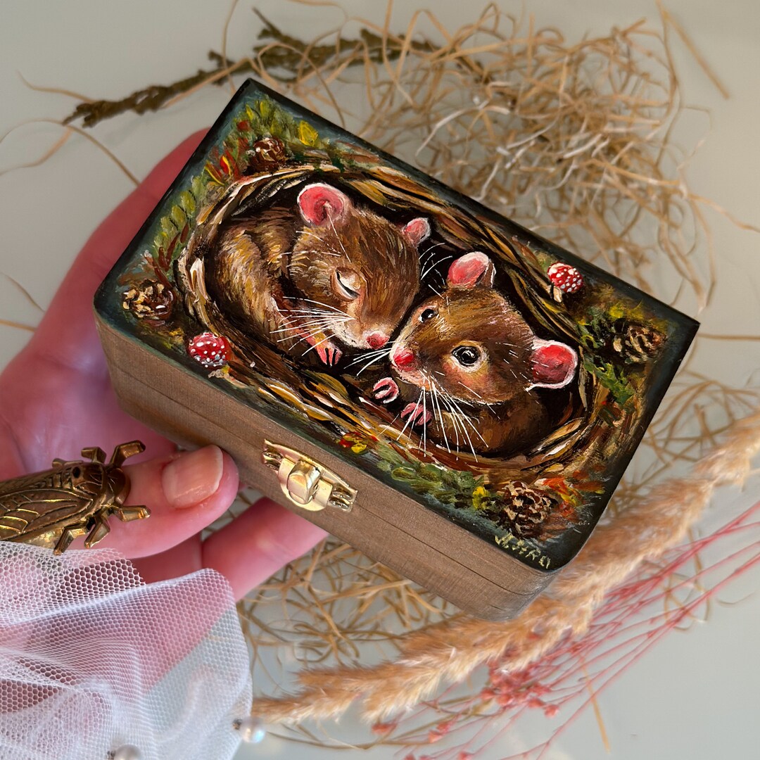 Hand Painted Mini Wooden Box Mice, Mouse Original Painting Small Wooden ...