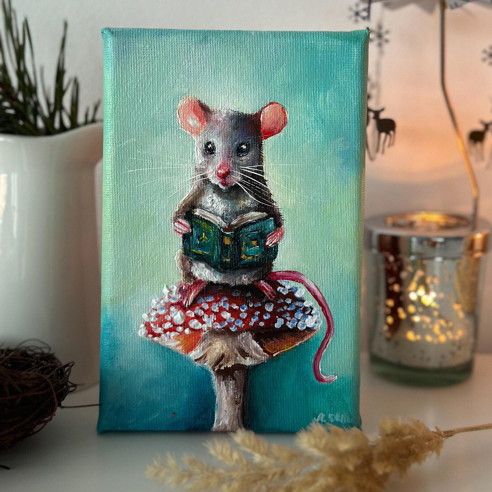 Original Canvas Painting Mouse Reading Book, Rat Mini Painting ...