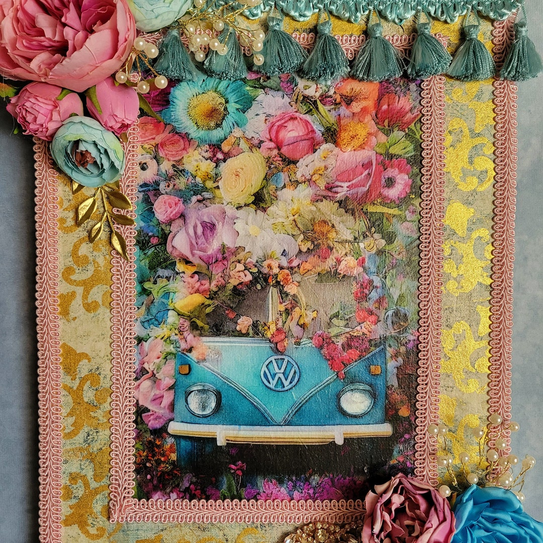Boho Retro VW Bus Wall Art, Embellished Decoupage on Canvas, 11x14 - Etsy