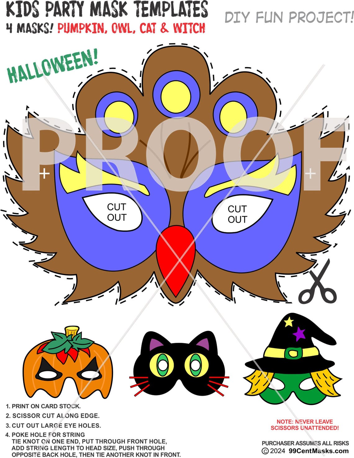 Printable Halloween Masks: Pumpkin, Owl, Cat & Witch (digital Download ...