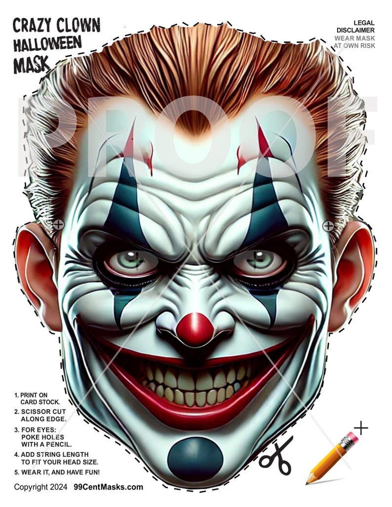 Printable Halloween Mask - Scary Crazy Clown Design | Download and ...