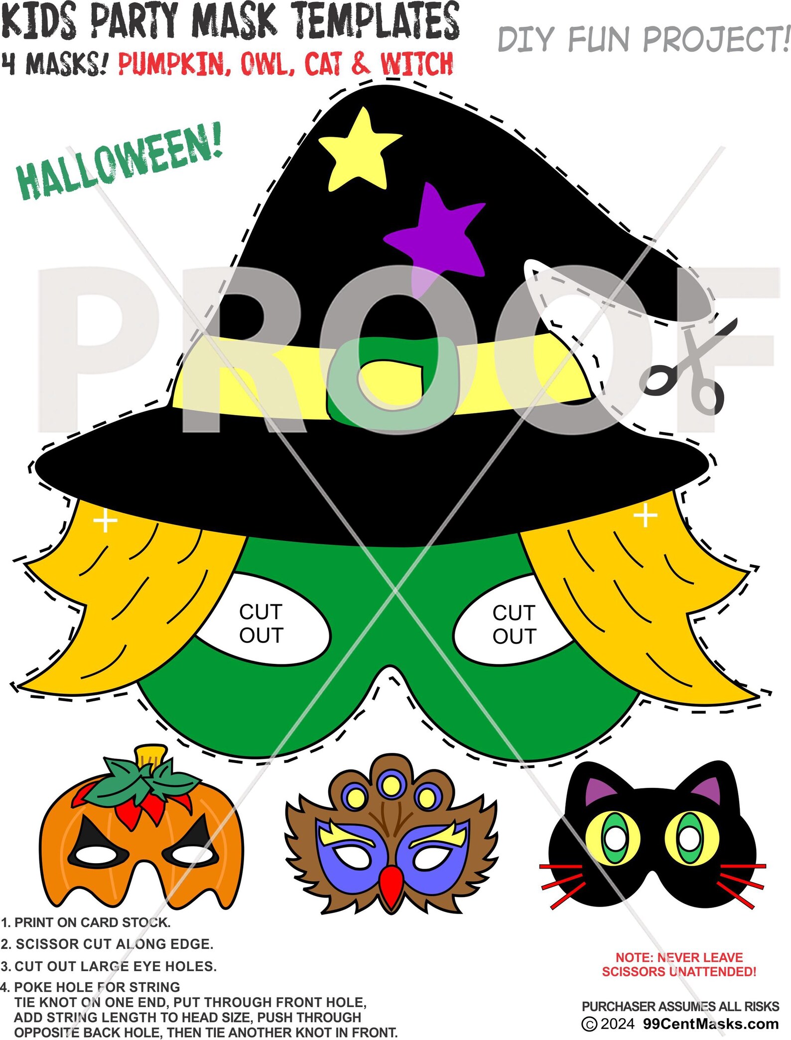 Printable Halloween Masks: Pumpkin, Owl, Cat & Witch (digital Download ...
