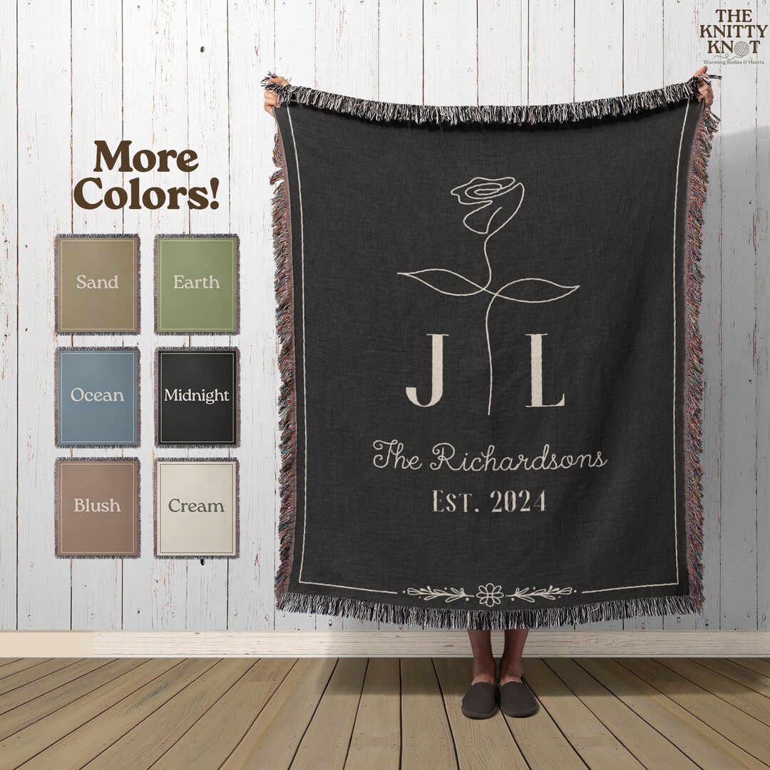 Decorative Custom Woven Blanket With Couple's Initials, Last Name, Rose ...
