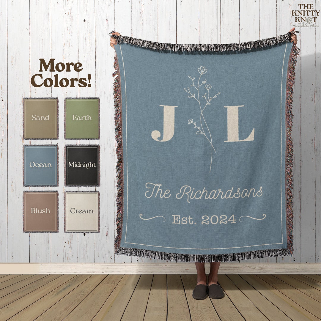 Custom Woven Blanket With Couple's Initials, Last Name, Floral Design ...