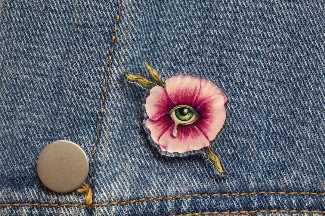 Pink Blossom Acrylic Pin | Crying Eye Flower Lapel Pin Badge | Cute ...