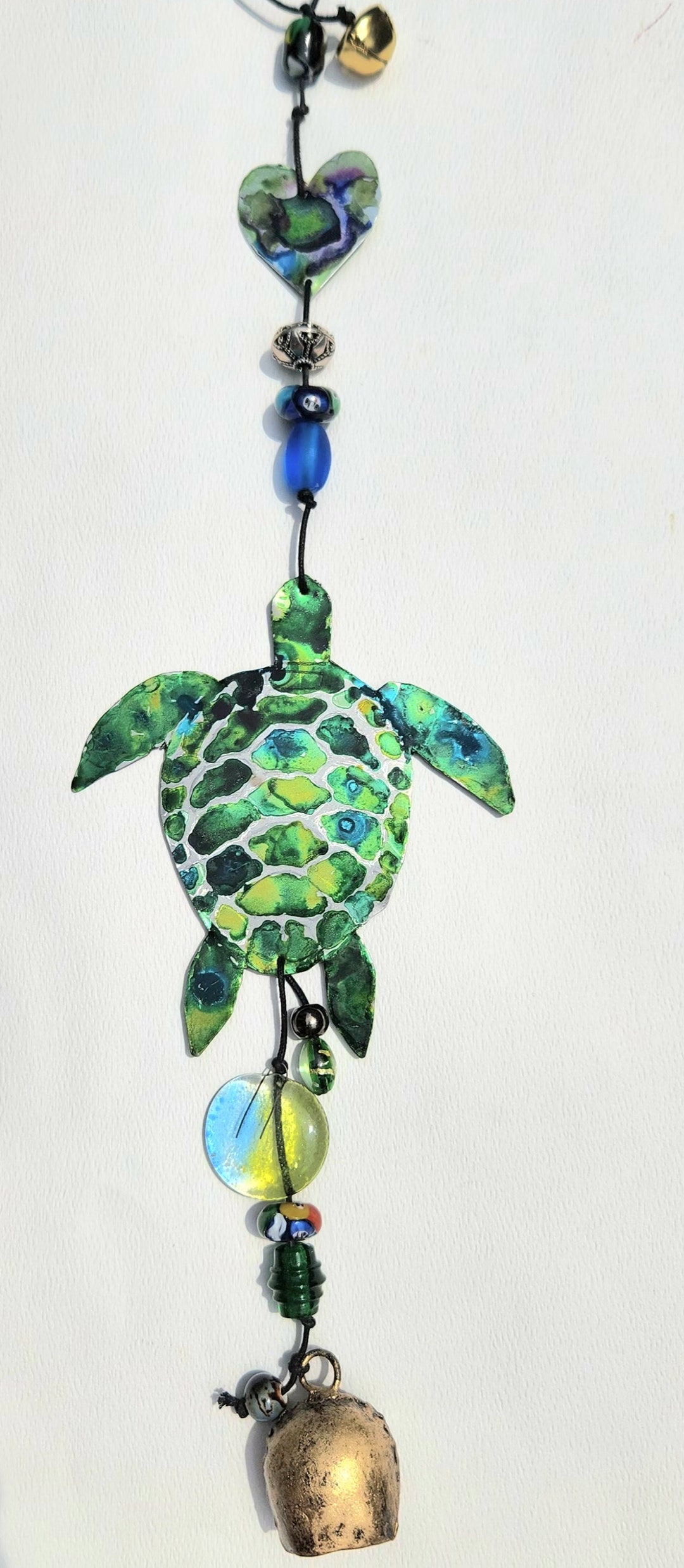 Sea Turtle Steel Wind Chime: Alcohol Ink Art, Glass Beads, Bells Metal ...