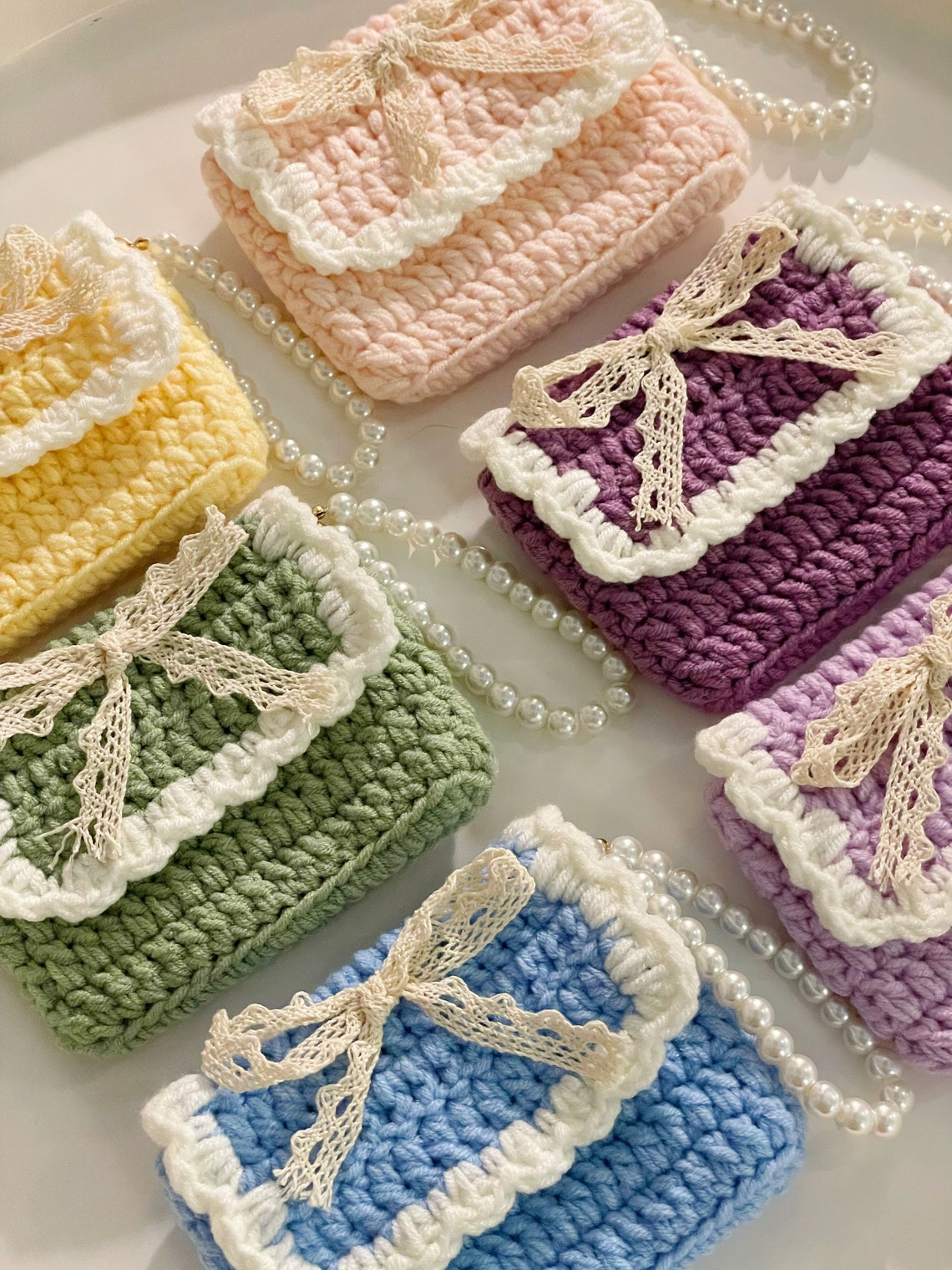 Crochet Bow Tie and Pearl Chain Pouch Cards Holder Coins Purse Pouch ...