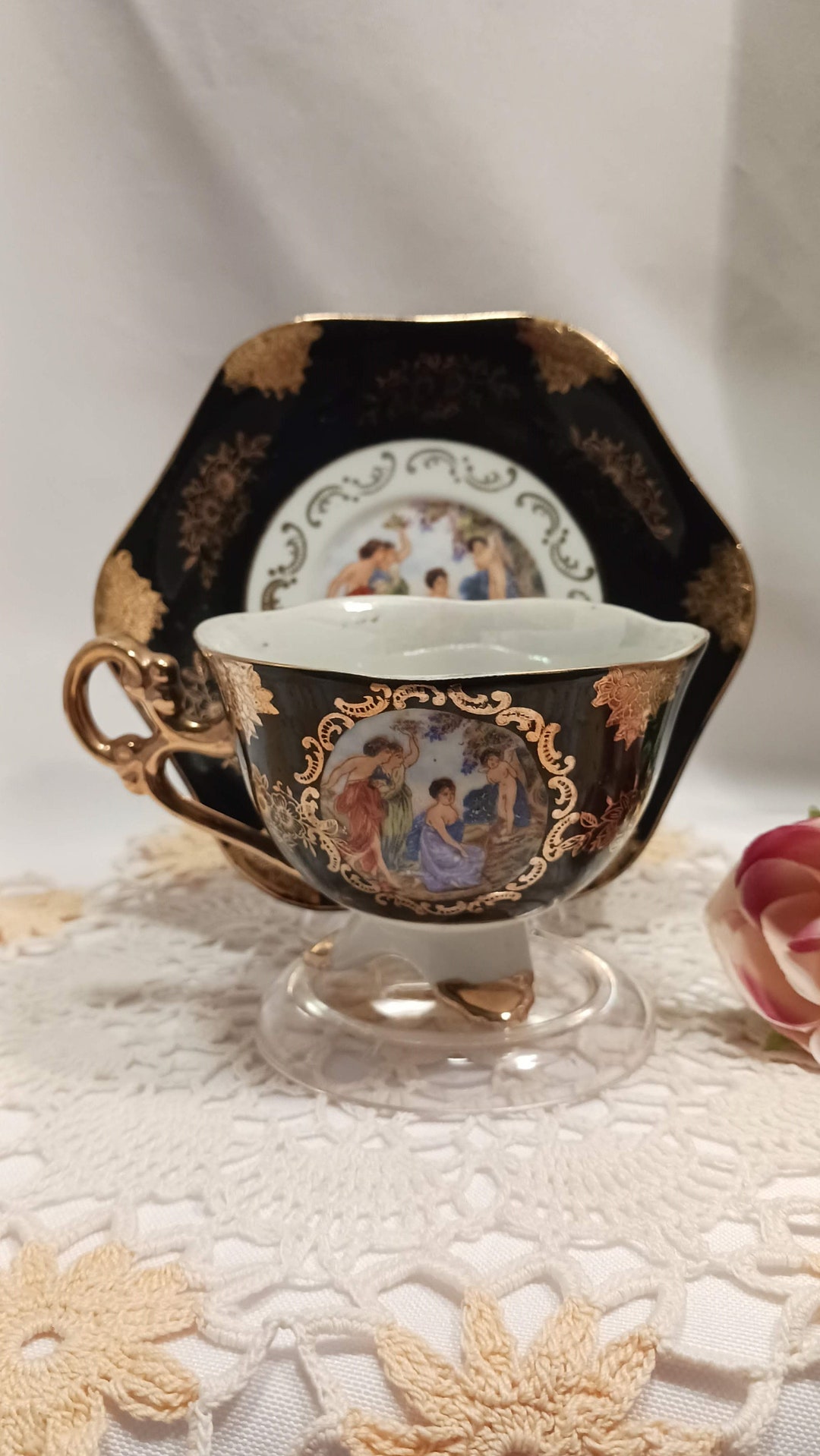 Vintage Shafford Hand Painted Black and Gold Three "toed" Tea Cup and ...