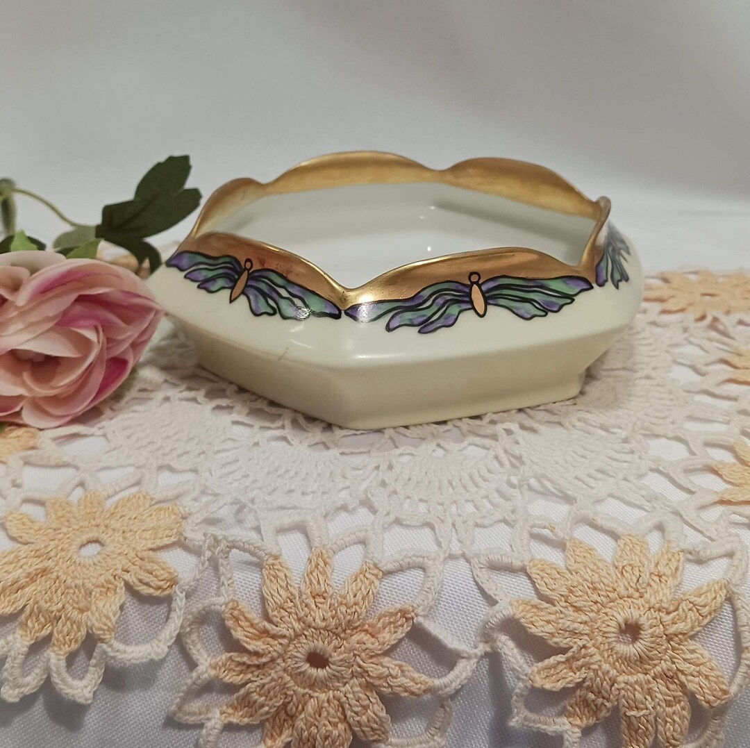 Limoges Porcelain Hexagonal Hand Painted Dish Hollywood Regency Gold ...