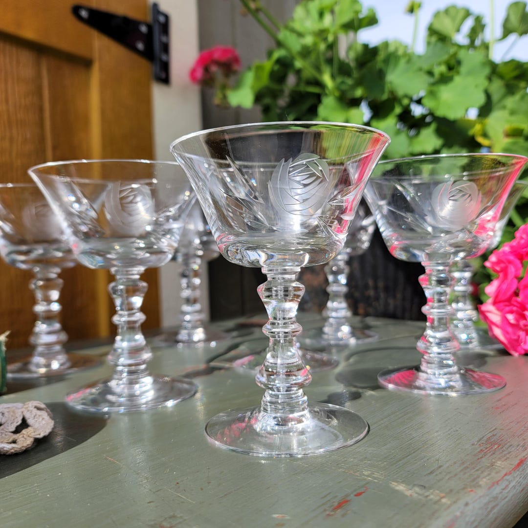 Vintage Wine Glasses, Fostoria Rose Champagne Sherbet, Footed Cut Glass ...