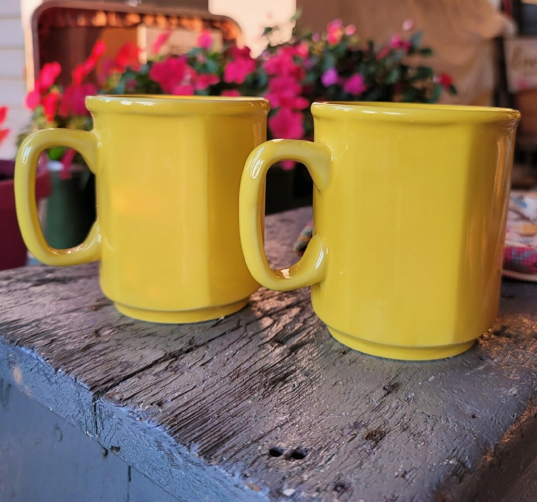 Pair of Lemon Yellow Mugs Made in England, Hexagonal With Large Handles ...