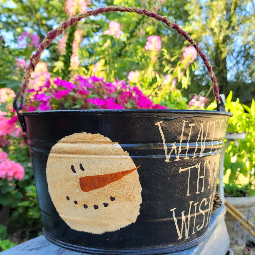 Winter Snowman Galvanized Tub, Handpainted Large Tub, 15 in Winter ...