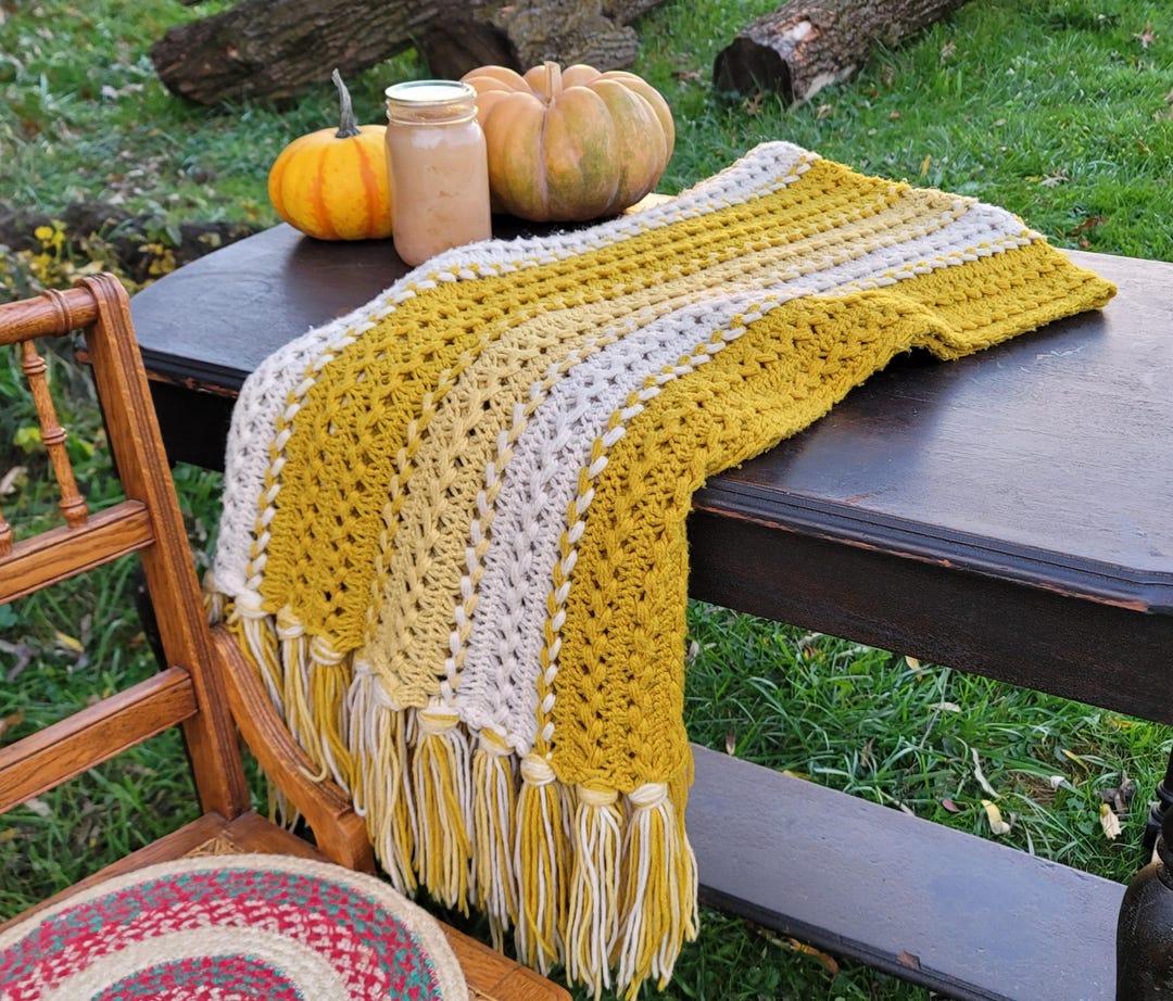 Gold, Yellow and Cream Afghan, Vintage Fringed Afghan, Cottage Boho ...