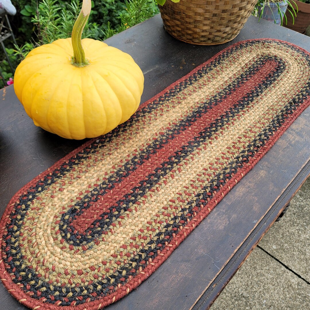 Primitive Style Oval Braided Table Runner, Jute Burgundy, Navy, Green ...