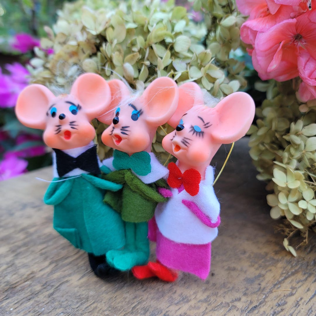 Pixie Felt Mice, Trio of Rubber Mice, Vintage Christmas Mice, Japanese ...