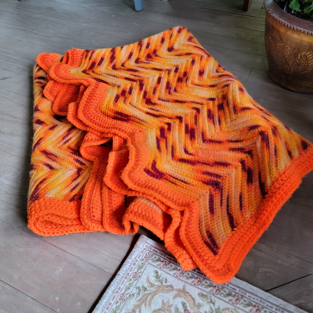 Vintage Orange Afghan, Multi Color Crocheted Afghan, 1970s Blanket ...