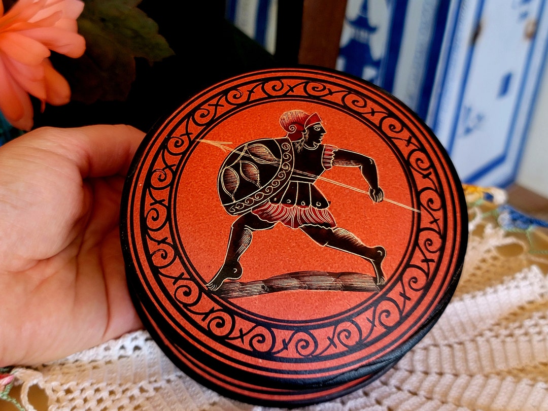 Grecian Warrior Red Trinket Box, Round Classical Warrior Box, Vintage ...