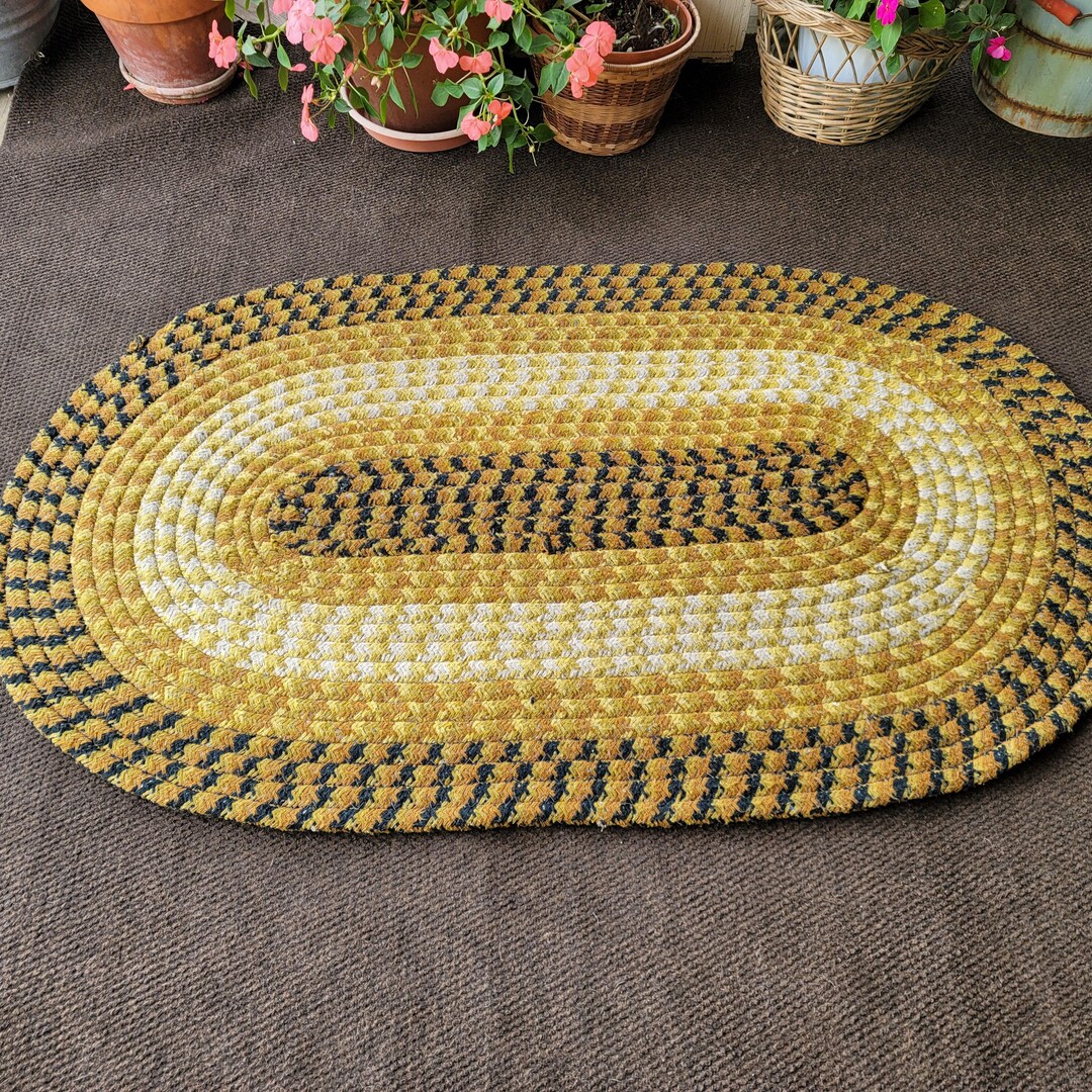 Vintage Braided Rug, Yellow Oval Rug, Small Brown Yellow Braided Rug ...